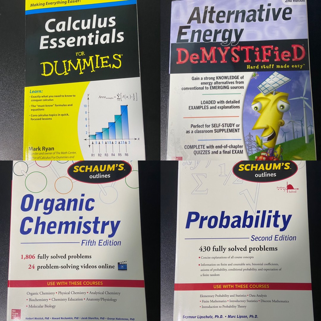 calculus essentials for dummies, alternative energy demystified, organic chemistry, probability ...