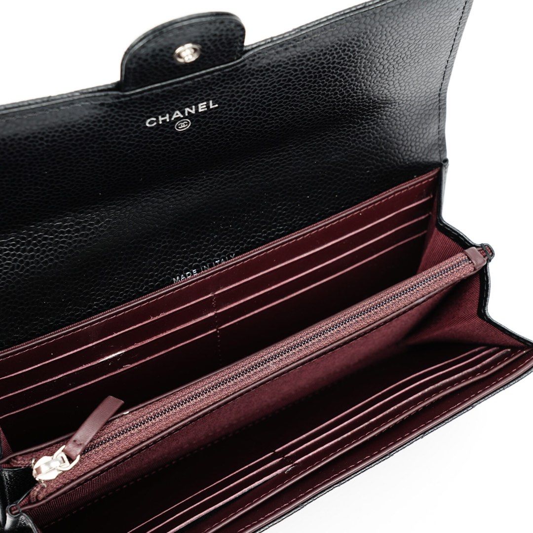 Chanel Classic Flap CF Long Wallet Black Gold Caviar Three Folds ...