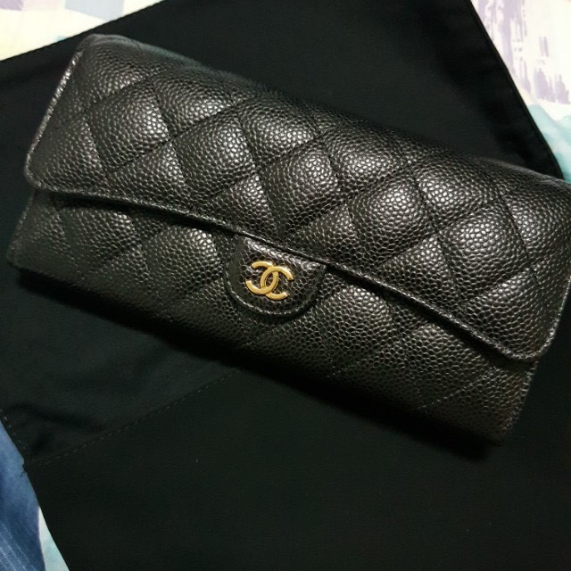 Chanel Classic Flap CF Long Wallet Black Gold Caviar Three Folds ...