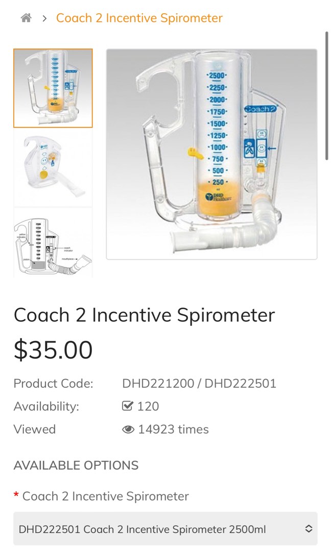 Spirometer Coach 2 Incentive Spirometer 2500ml, Health & Nutrition ...