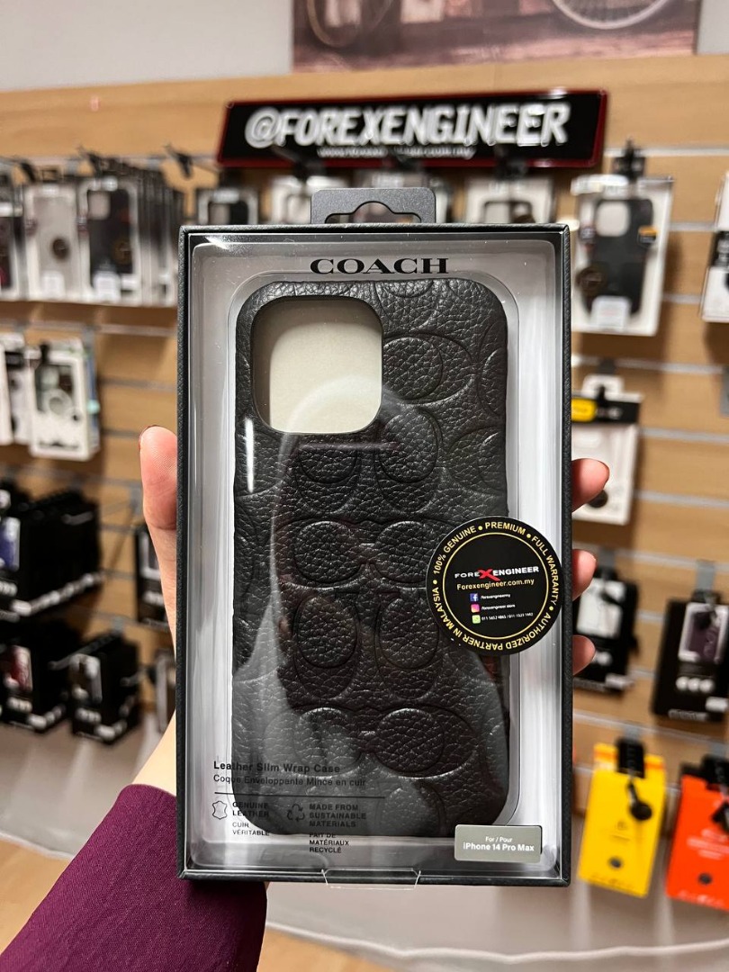 Coach Leather Slim Wrap for iPhone 14 Pro Max - Black Emboss Signature C Pebbled Leather ...