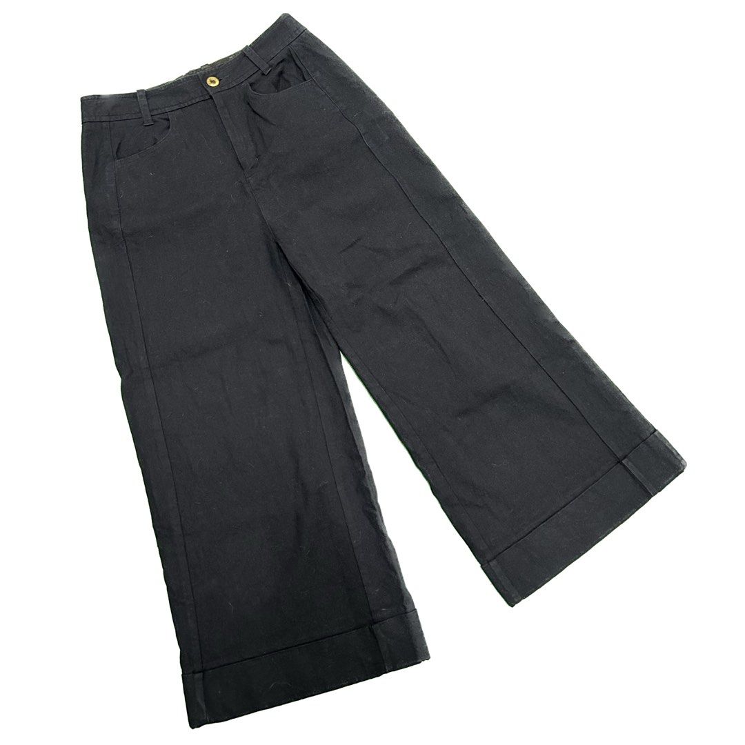 GU black high rise wide leg cropped pants / palazo, Women's Fashion ...