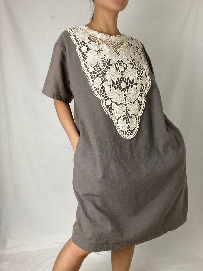 Hq wood linen laced chest slip on dress, Women's Fashion, Dresses ...