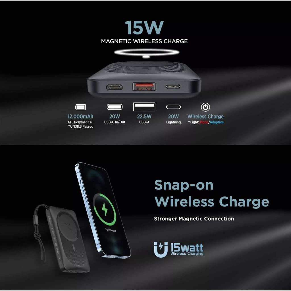 mYmosh EB-MAG120 12,000MAH 15W Magnetic Wireless Charge Powe Bank ...