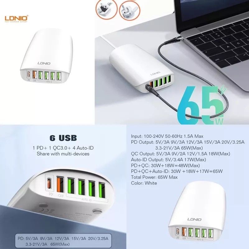 ORIGINAL LDNIO A6573C PD QC3.0 65W Super Fast Charging 5.4A 6USB Port Dektop Very Fast Charging ...
