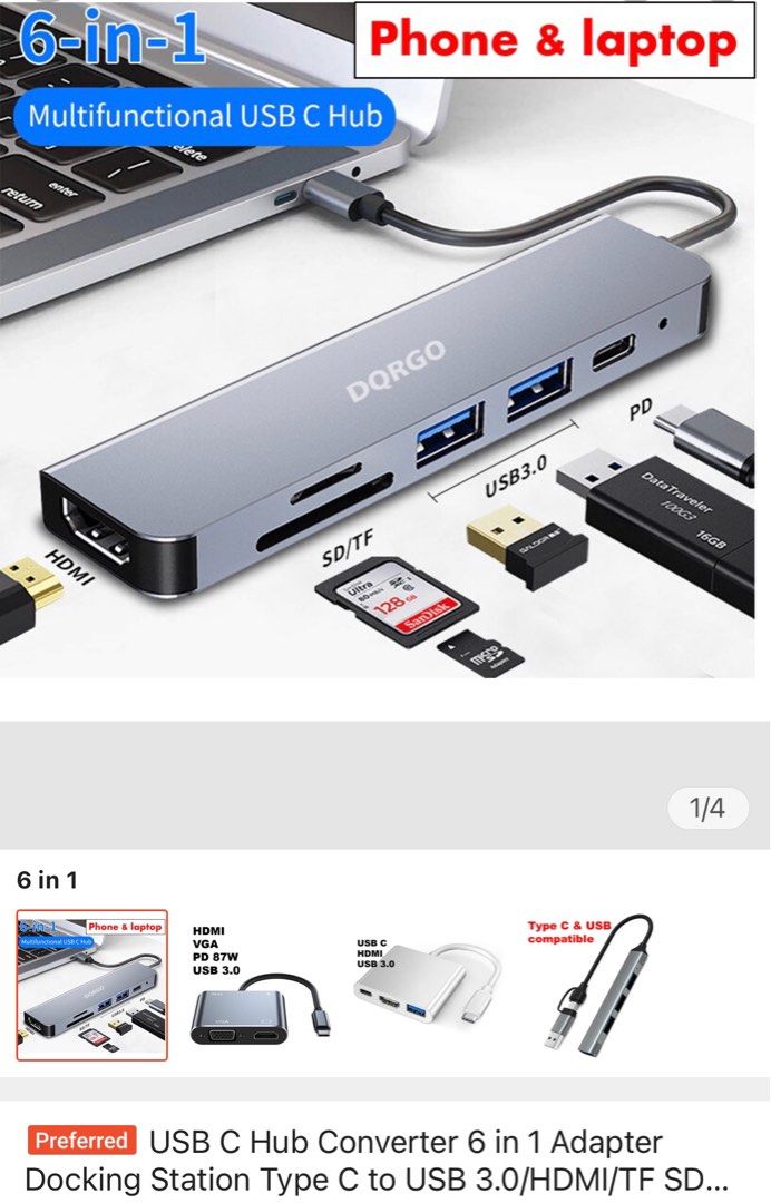 USB C Hub Converter 6 in 1 Adapter Docking Station Type C to USB 3.0 ...