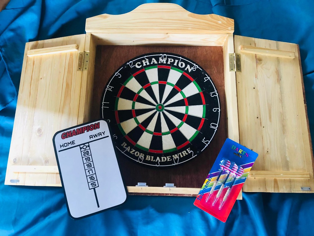 CHAMPION Razor Blade Wire Dart Board Set with Wooden Cabinet, Sports ...