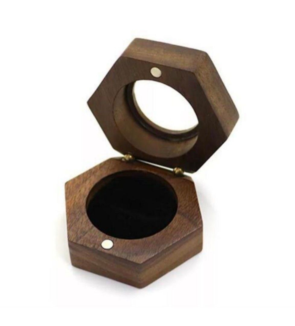Hexagon Wooden Walnut Wedding Proposal Ring Box, Men's Fashion, Watches ...