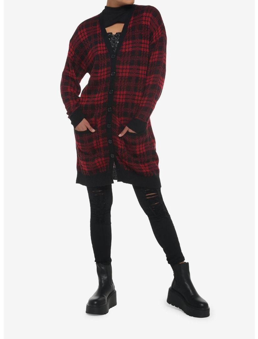 Hot Topic Red & Black Plaid Oversized Girls Cardigan, Women's Fashion ...