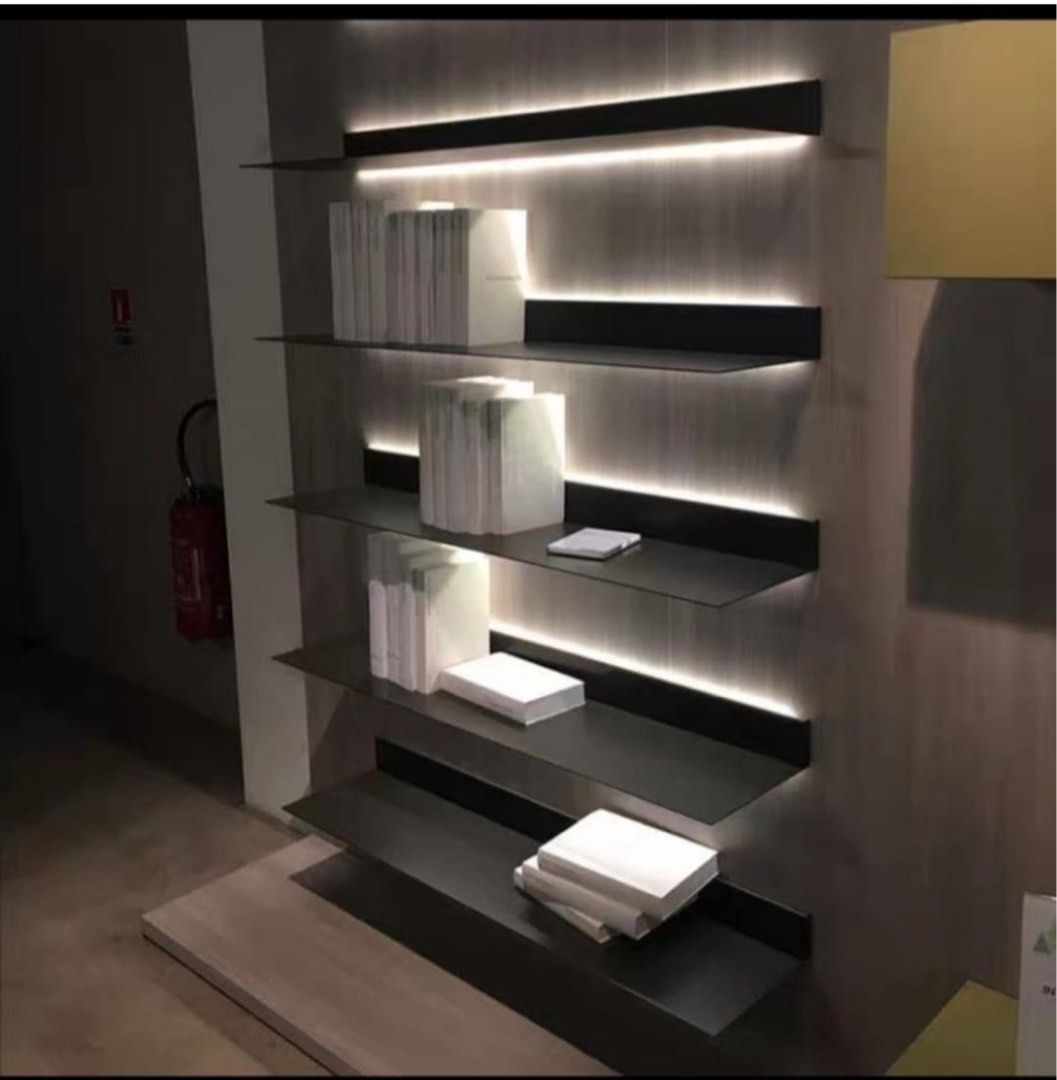 Lighted Black colour metal cantilevered shelves, Furniture & Home ...