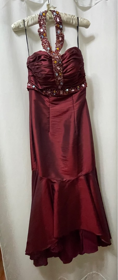 Maroon metallic mermaid high low gown, Women's Fashion, Dresses & Sets ...