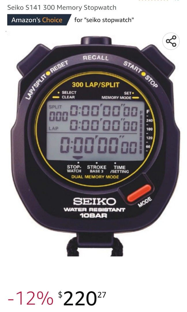 Seiko S141 stopwatch - 300 lap memory, Sports Equipment, Other Sports Equipment and Supplies on ...