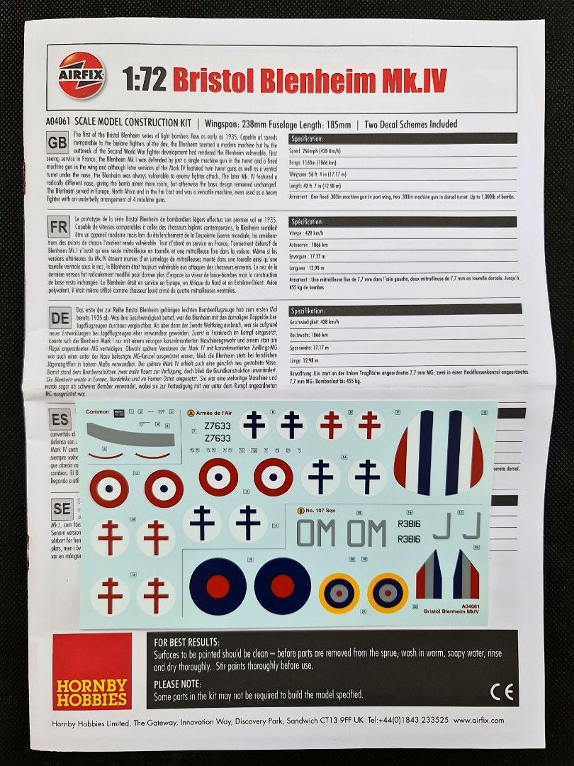 1/72 #A04061 Airfix British Royal Air Force Light Bomber Bristol ...
