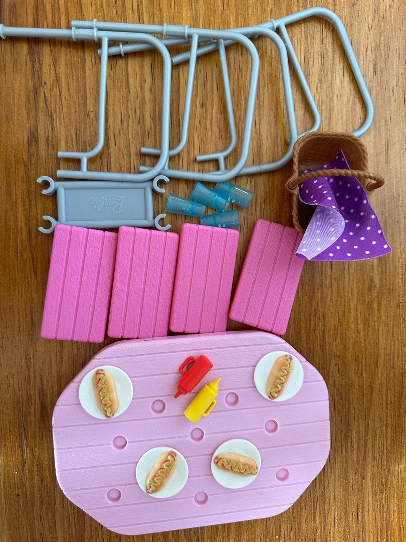 Barbie Outdoor Furniture, Pink Picnic Table with Adjustable Seats and ...