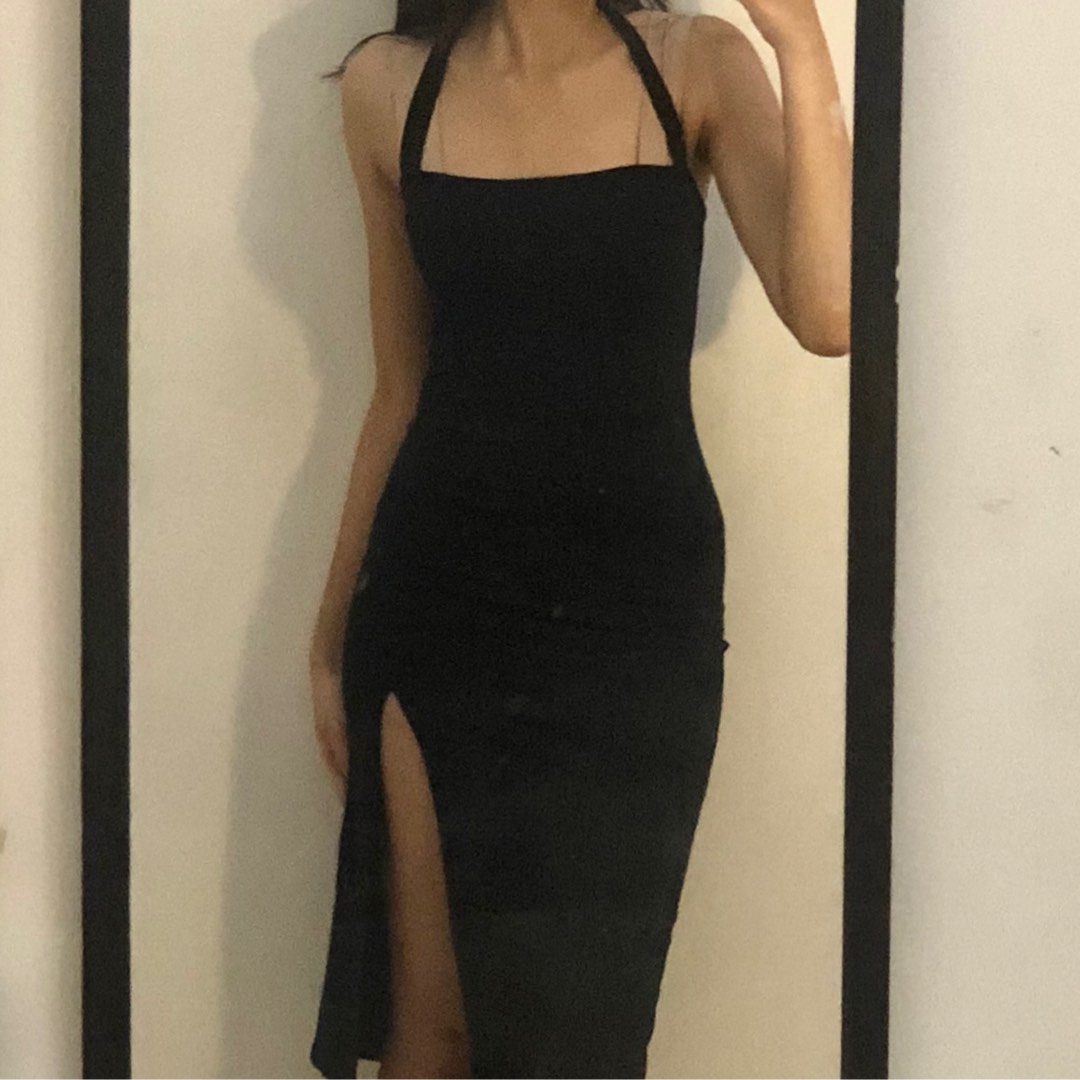 black slit midi dress press body halter neck ketat warna hitam, Fesyen ...