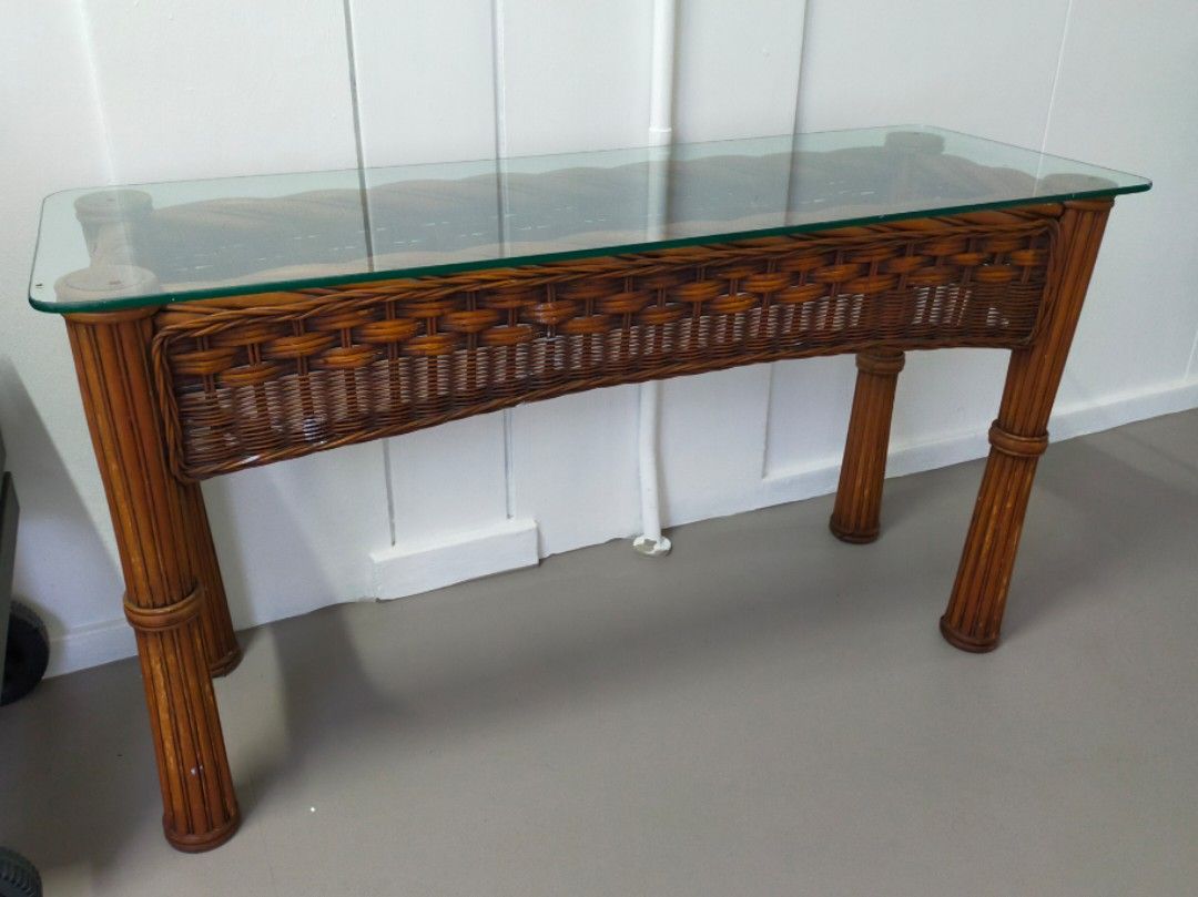 Console table rattan with glass top, Furniture & Home Living, Furniture ...