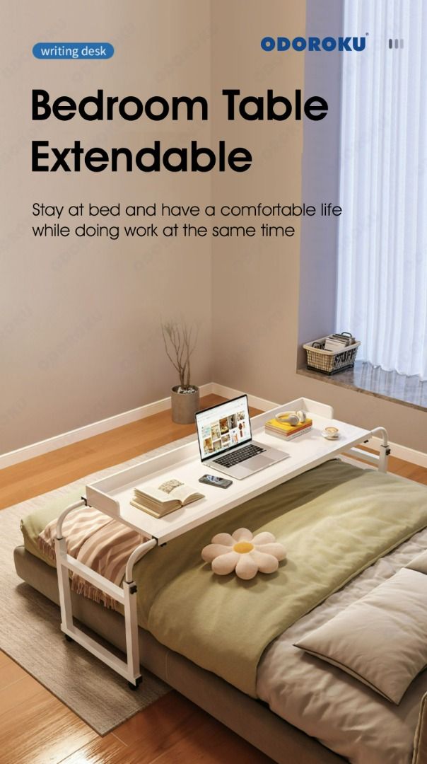 ODOROKU Adjustable Overbed Table with Wheels Over the Bed Desk Over Bed ...