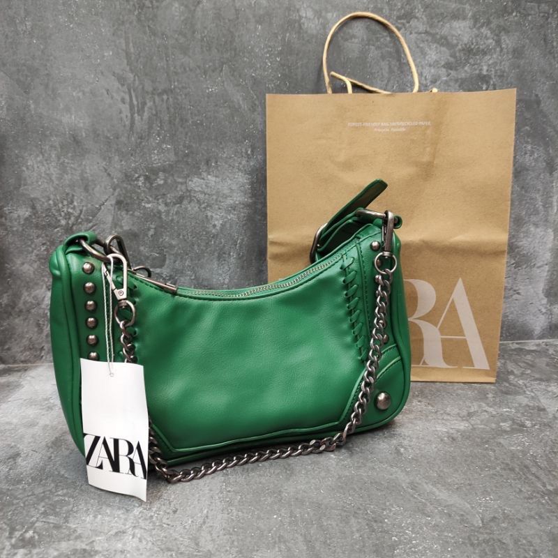 Zara Rocker Stud Bag with Price Tag - Green, Fesyen Wanita, Tas ...