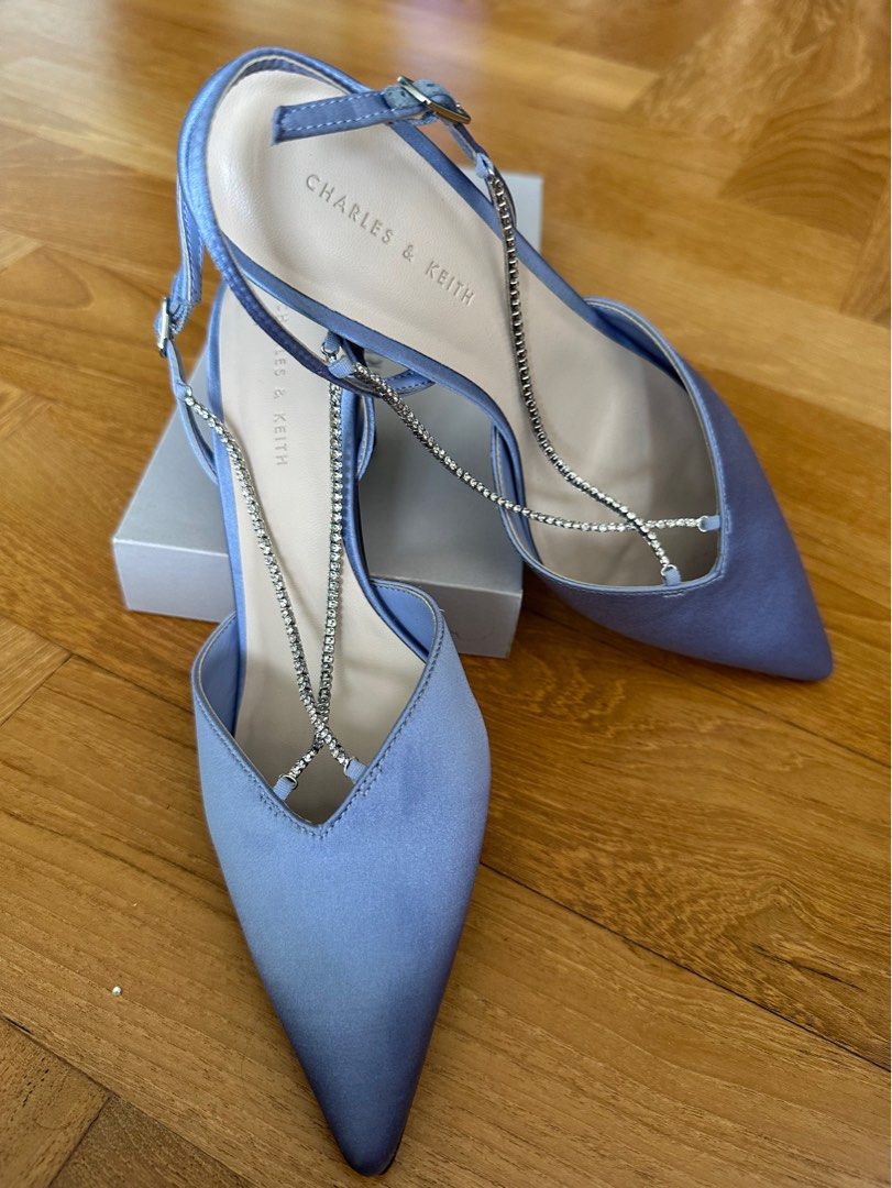 Charles & Keith Heels Satin Blue Slingback Heels, Women's Fashion ...