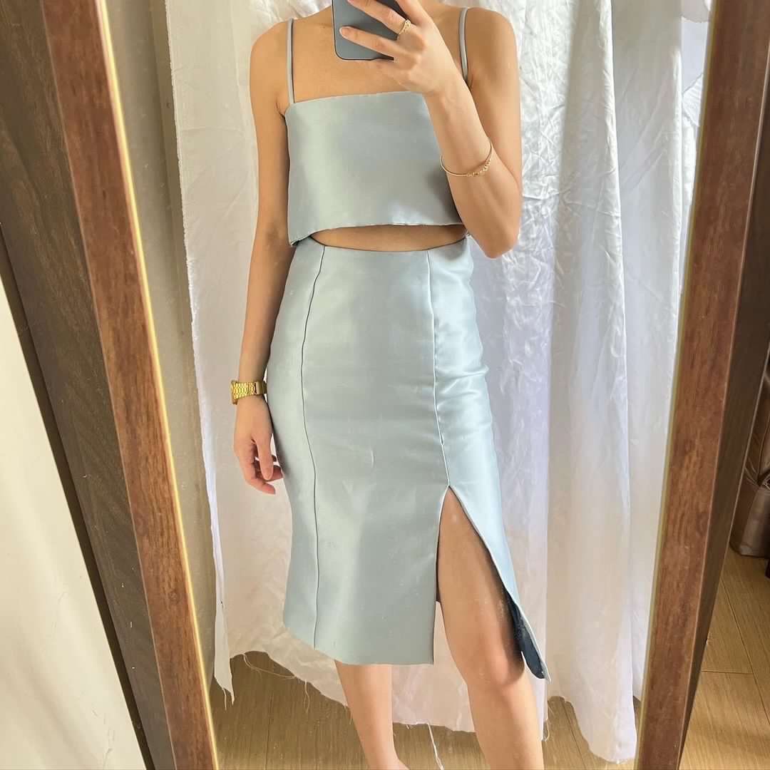 formal silk blue top and midi skirt coordinates on Carousell
