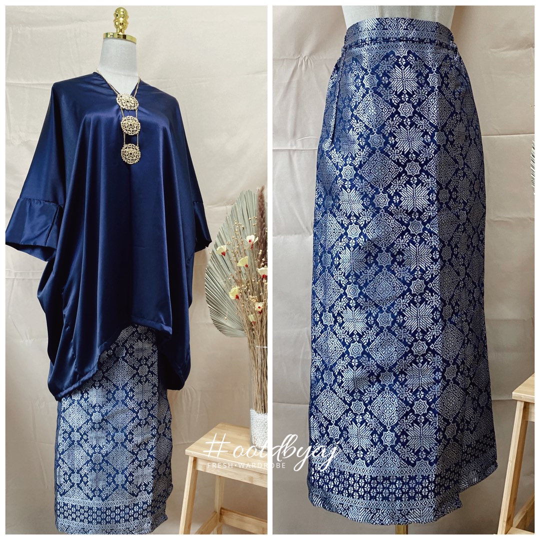 Kaftan Songket Set (BLUE SILVER), Women's Fashion, Muslimah Fashion ...