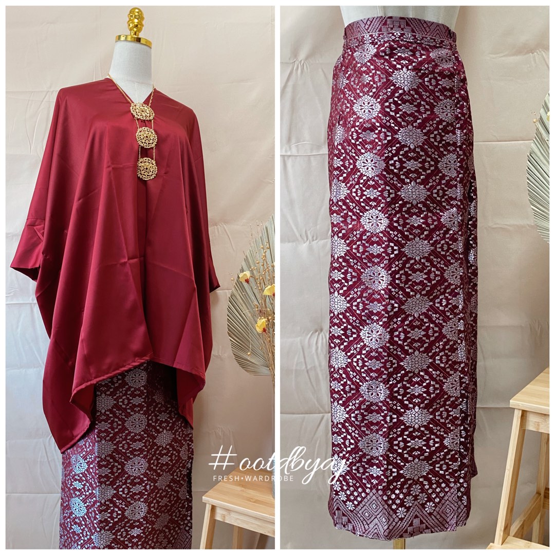 Kaftan Songket Set (MAROON SILVER), Women's Fashion, Muslimah Fashion ...