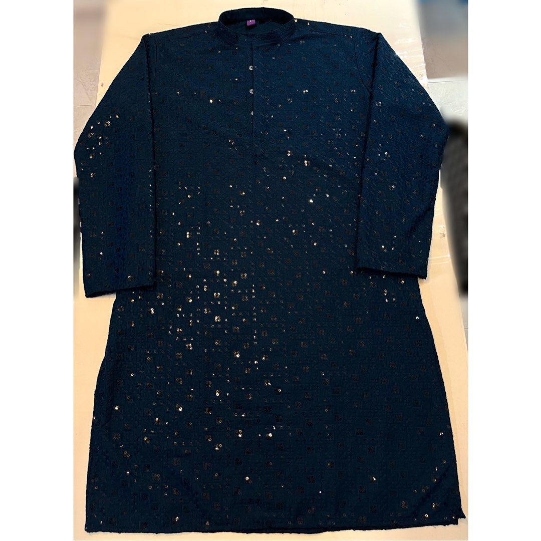 Kurta shiny shimmery sequins, sherwani, full set, dark blue, teal blue ...