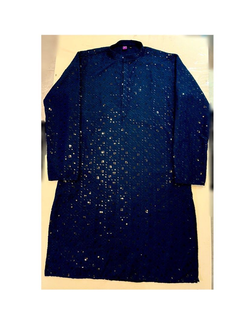 Kurta shiny shimmery sequins, sherwani, full set, dark blue, teal blue ...