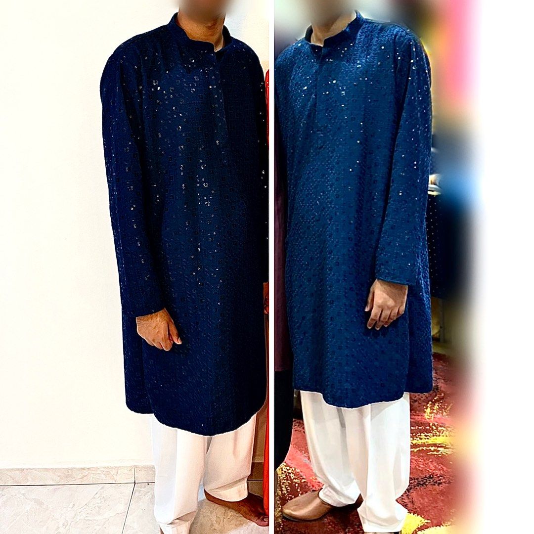 Kurta shiny shimmery sequins, sherwani, full set, dark blue, teal blue ...