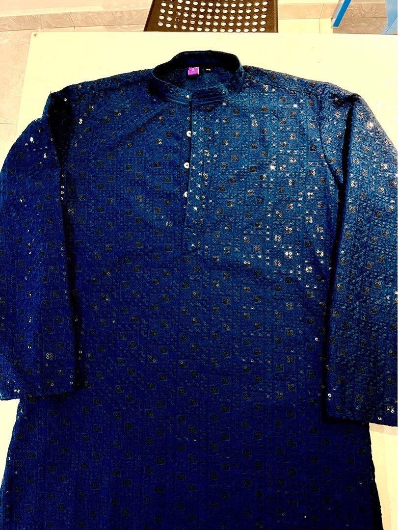 Kurta shiny shimmery sequins, sherwani, full set, dark blue, teal blue ...