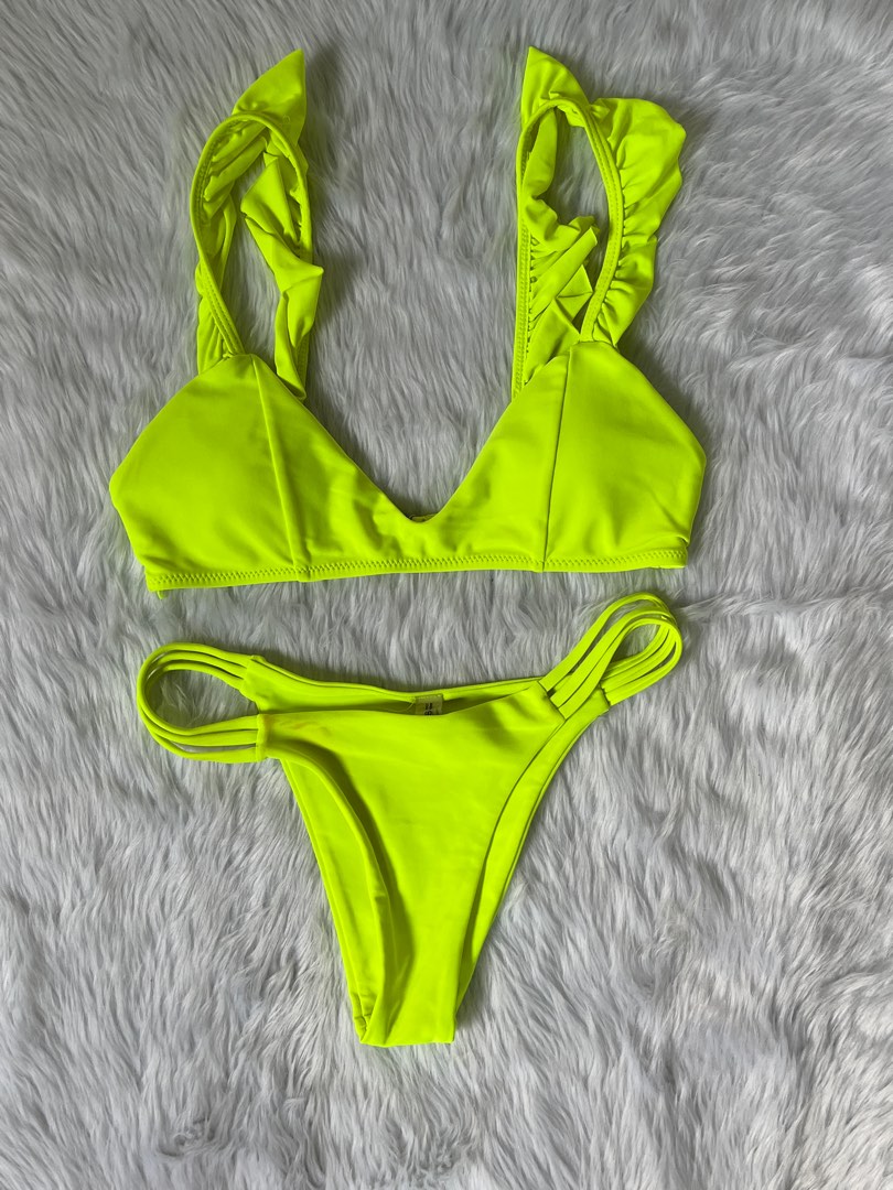 Neon Green Ruffled Bikini (Size S), Women's Fashion, Swimwear, Bikinis ...