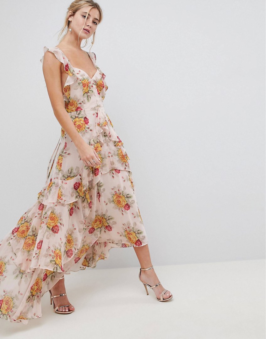 ASOS Ruffle Maxi Dress in Rose Floral Print, Women's Fashion, Dresses ...