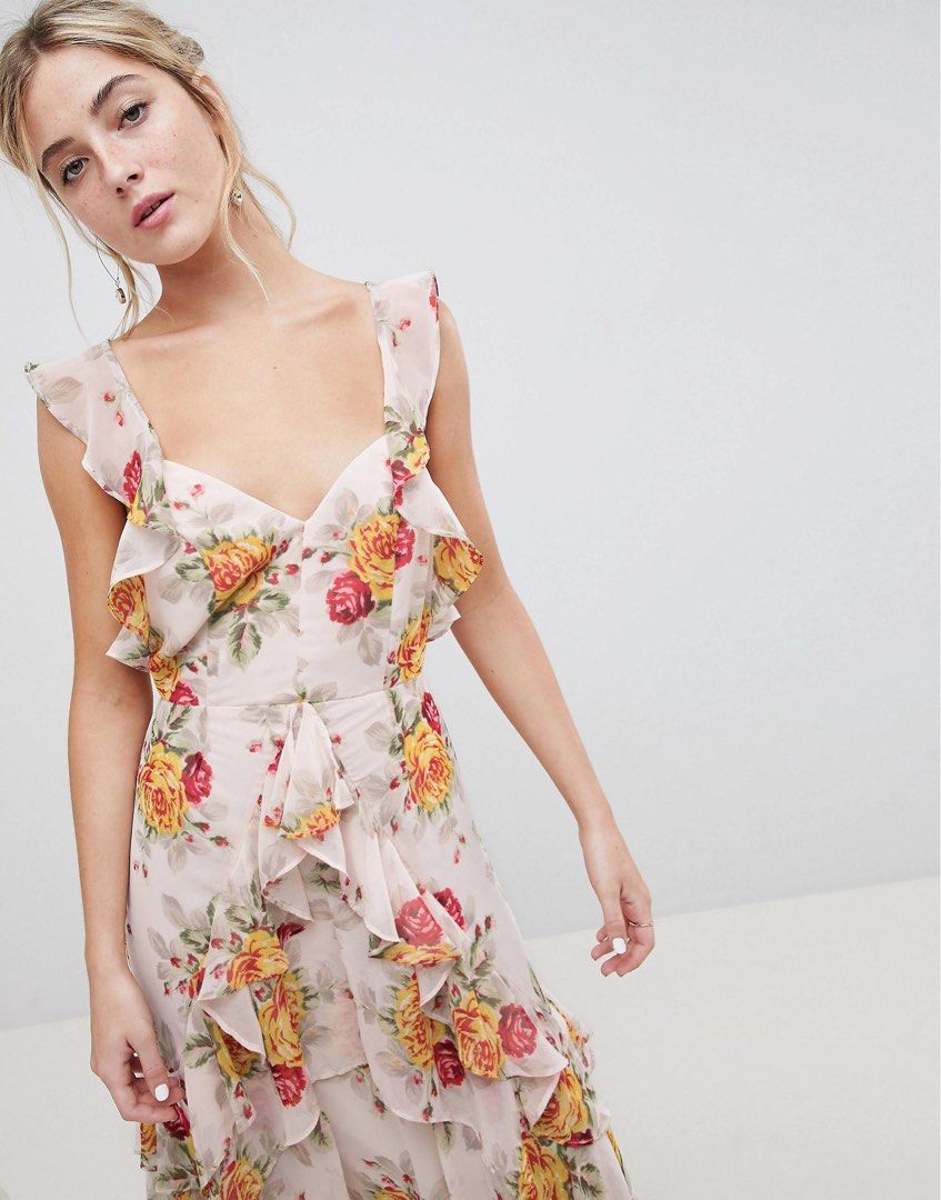 ASOS Ruffle Maxi Dress in Rose Floral Print, Women's Fashion, Dresses ...