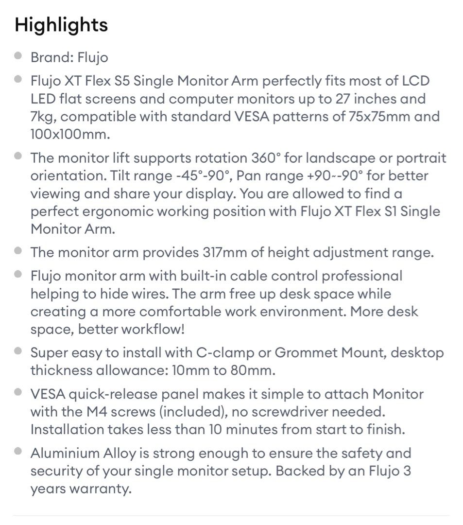 Flujo XT Flex I S1 Tool Free Single Monitor Arm Stand Ergonomic Desk ...