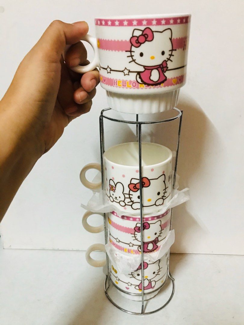 Hello Kitty Set of 4 Cups with Steel Rack, Furniture & Home Living ...
