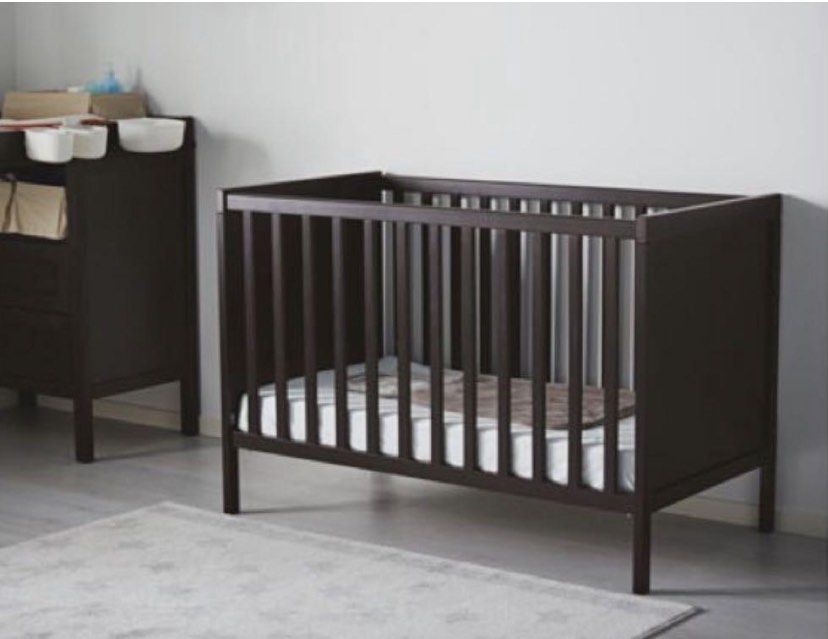 IKEA Sundvik Cot Dark Brown with Mattress, Babies & Kids, Baby Nursery ...