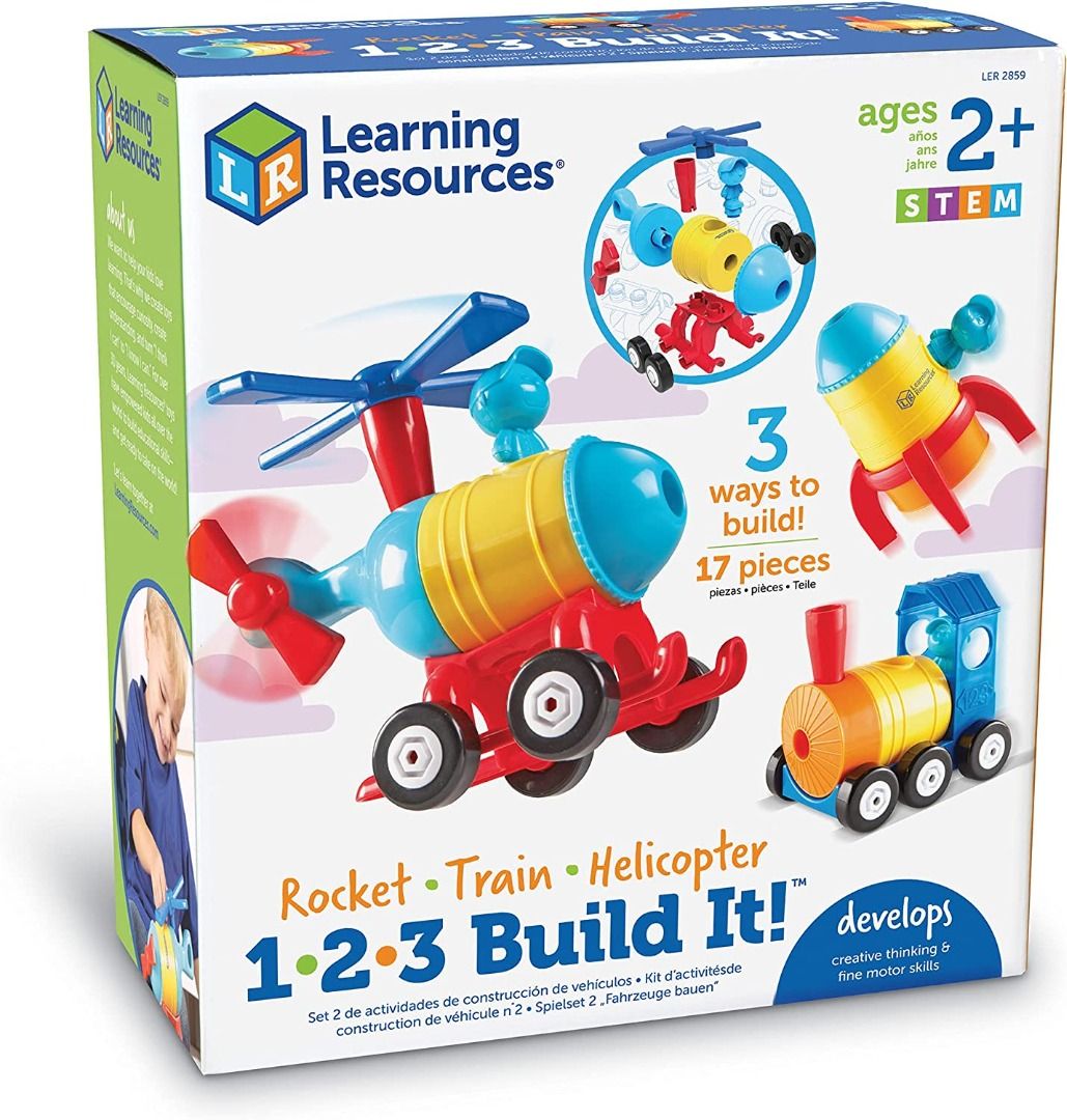 Learning Resources LER2859 1-2-3 Build It! with Train, Rocket and Helicopter,17 Pieces ...