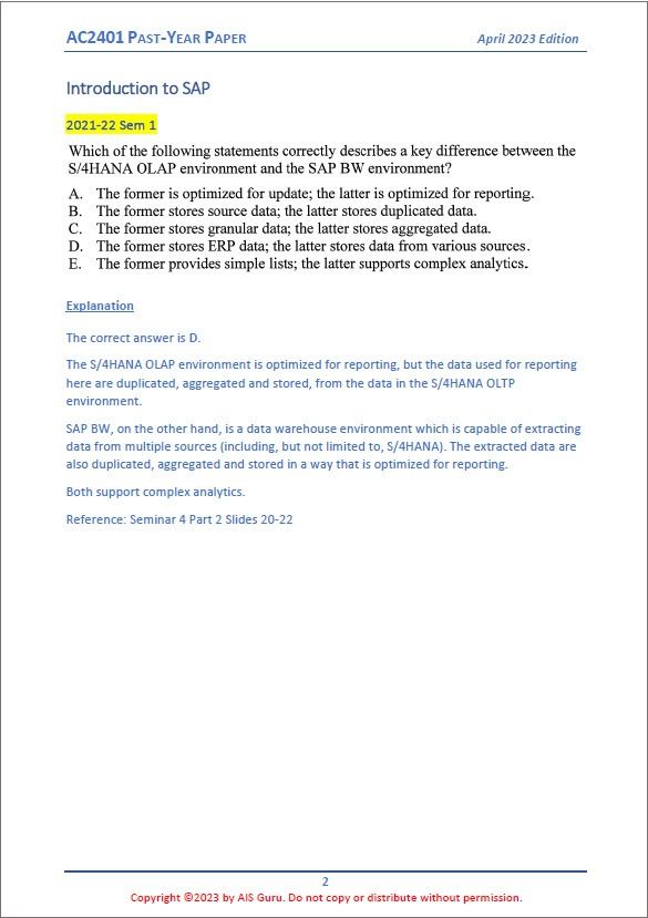NTU NBS IT2 (AC2401) PYP SAP Exam Questions (not the usual bible or ...