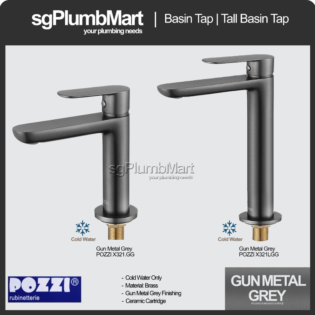 Pozzi Gun Metal Grey Basin Tap/Tall Basin Tap X321GG/X312LGG Cold ...