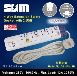 SUM 4 way extension socket 6M, TV & Home Appliances, Electrical ...