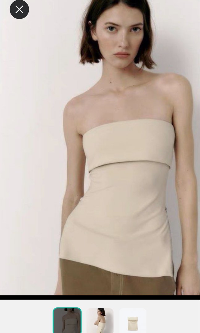 viral zara zip tube top in oyster beige, Women's Fashion, Tops ...