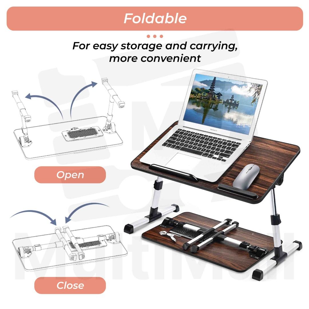 Walnut Large Foldable Laptop Table Ergonomic with USB Fan | Foldable ...