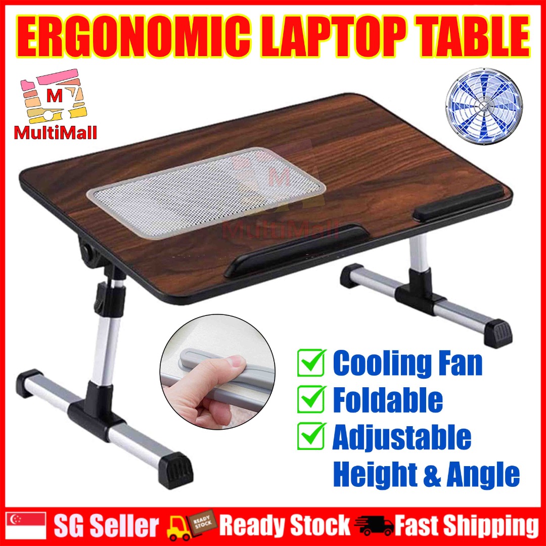 Walnut Large Foldable Laptop Table Ergonomic with USB Fan | Foldable ...