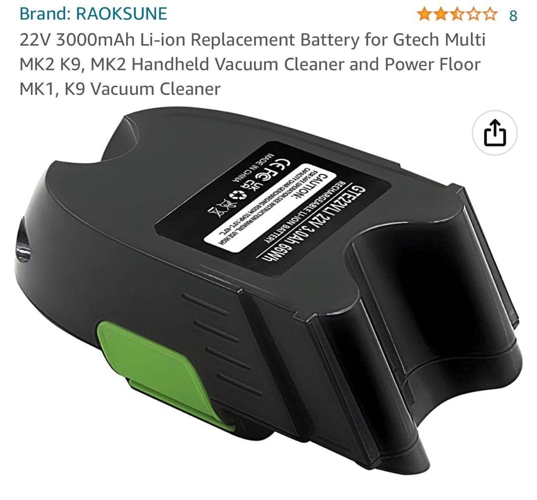 22V 3000mAh Li-ion Replacement Battery for Gtech Multi MK2 K9, MK2 Handheld Vacuum Cleaner and ...