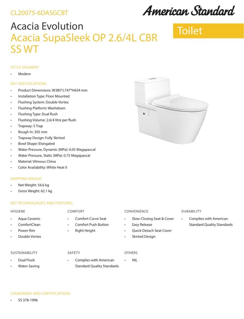 American Standard CL20075 Acacia Supersleek One Piece WC, Furniture ...
