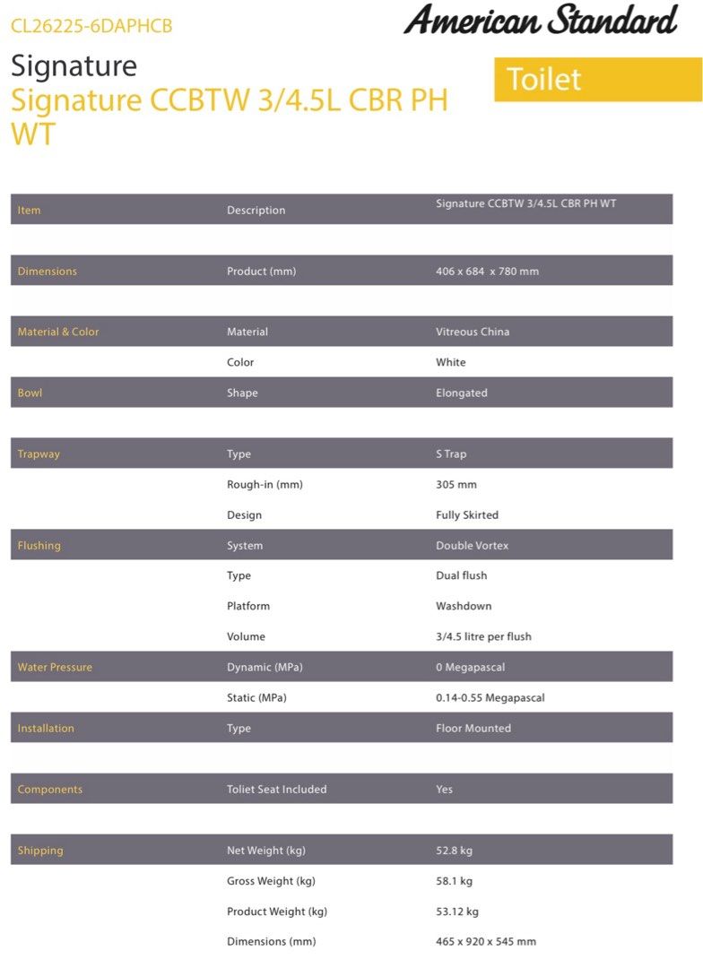 American Standard Signature Close Coupled Back to Wall WC CL26225 ...
