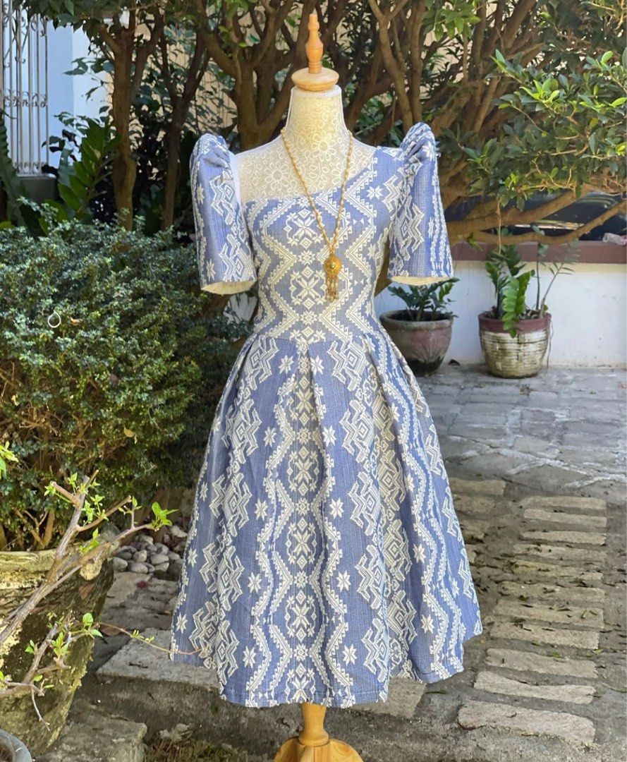 DUSTY BLUE INABEL HANDWOVEN FILIPINIANA DRESS WITH BELT FOR RENT on ...
