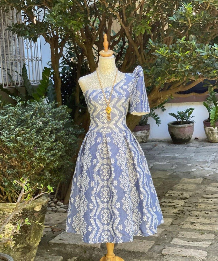 DUSTY BLUE INABEL HANDWOVEN FILIPINIANA DRESS WITH BELT FOR RENT on ...