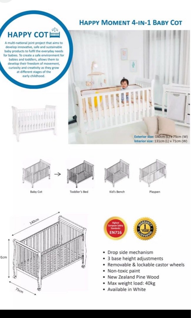 Happy 4 in 1 cot, Babies & Kids, Baby Nursery & Kids Furniture, Cots ...