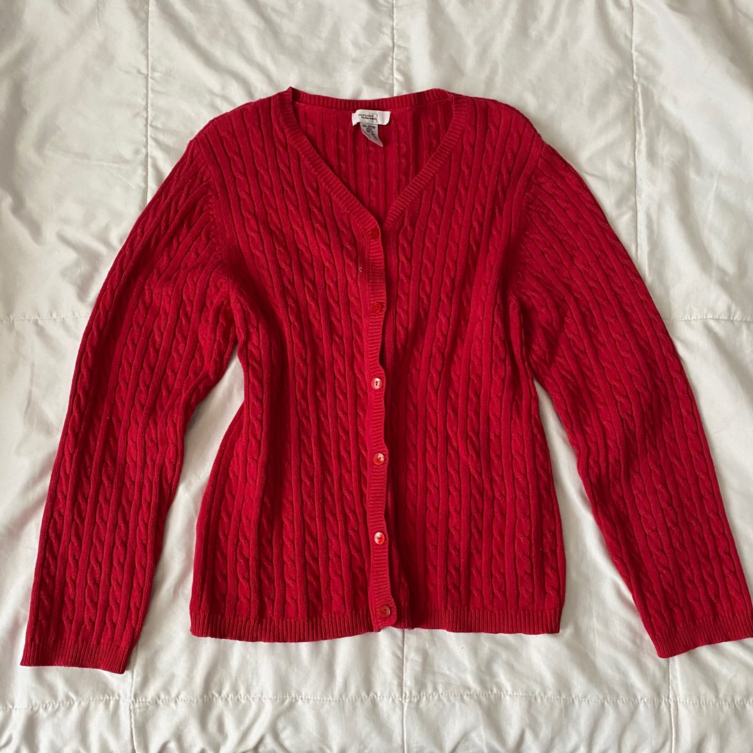 Red Cable Knit Cardigan, Women's Fashion, Coats, Jackets and Outerwear ...